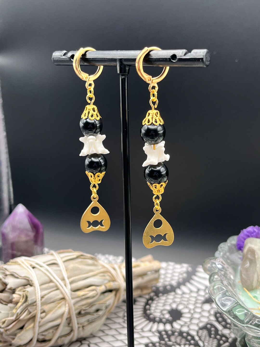 Hauntingly Beautiful Obsidian and Snake Vertebrae Earrings With ...