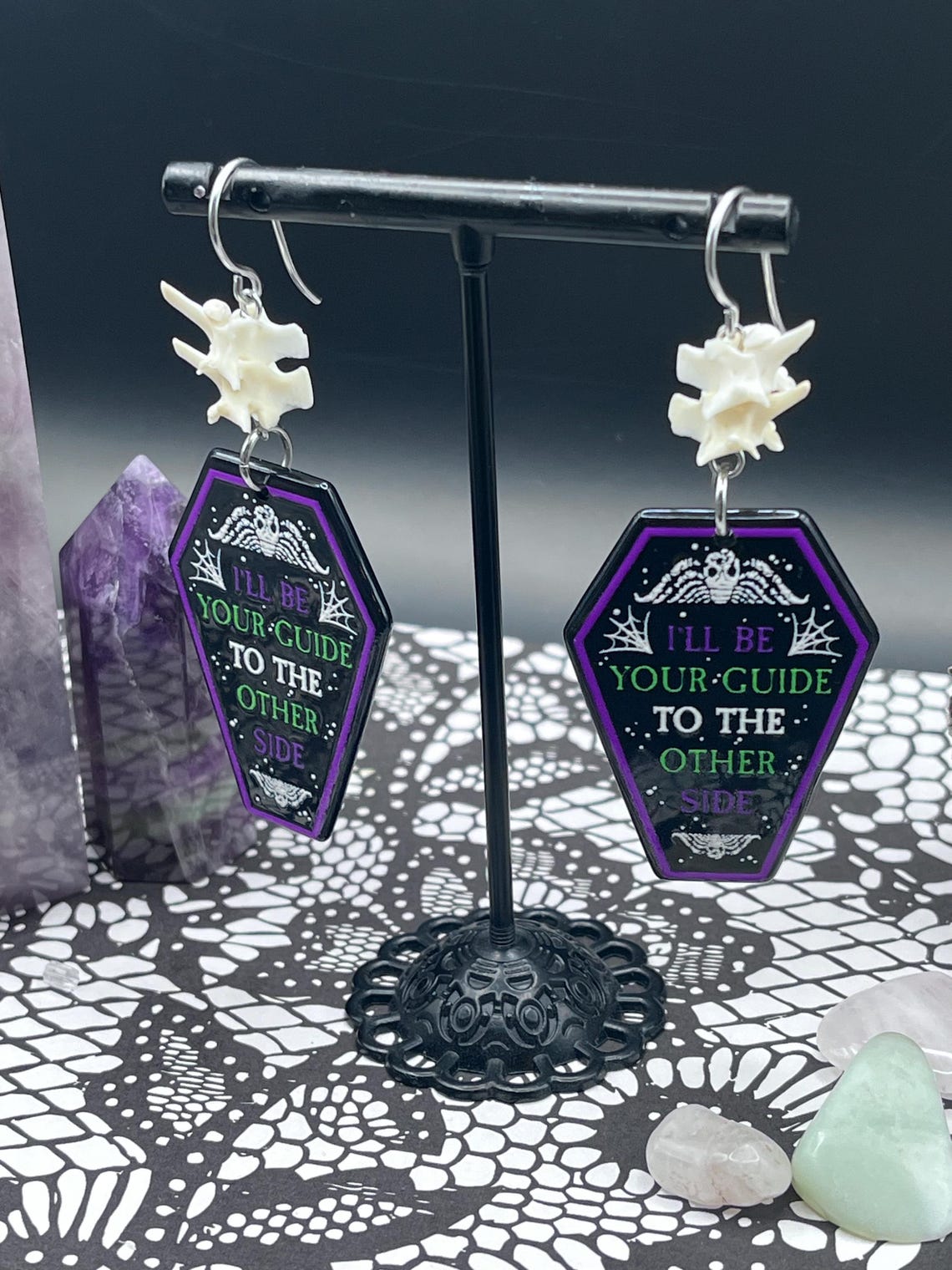Real Bone Beetlejuice Themed Coffin Acrylic Dangle Earrings Stainless ...