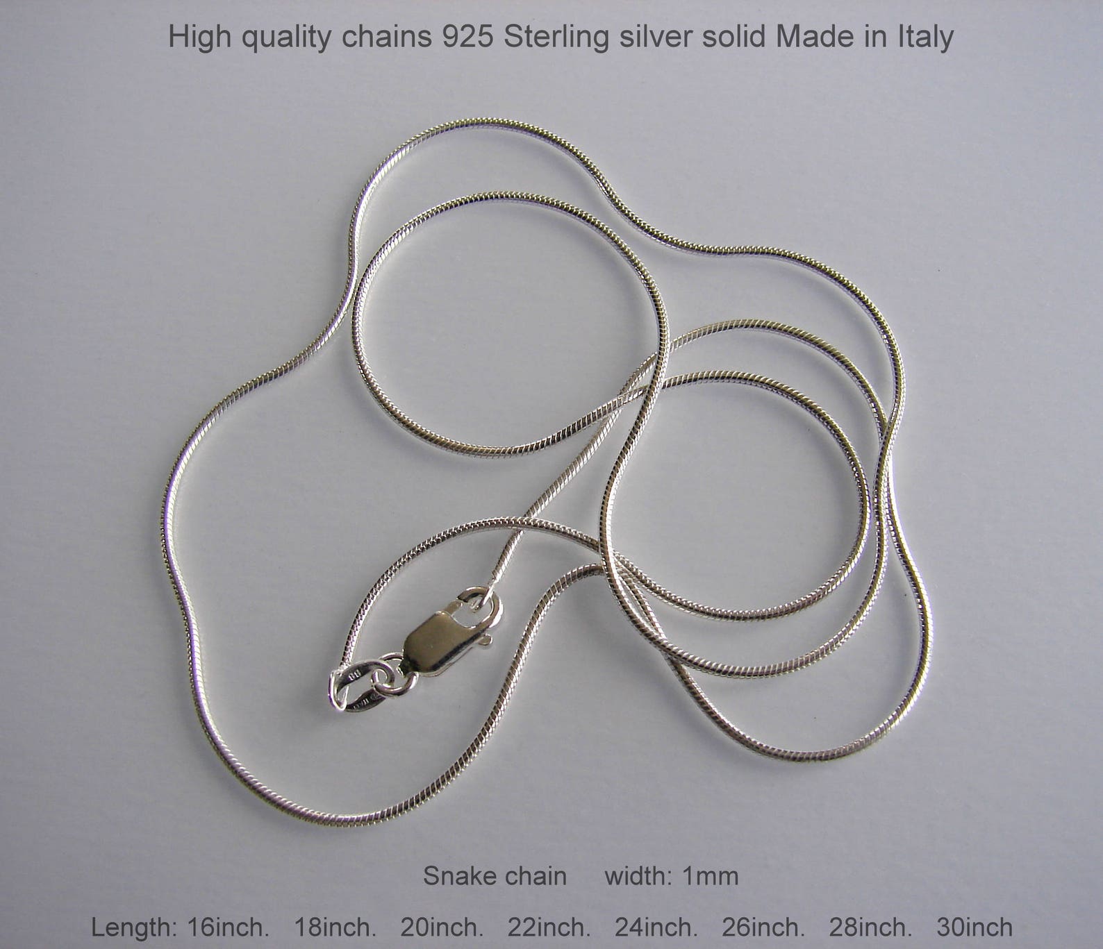 925 Sterling Silver Snake Chain 1mm. Made in Italy, Necklace Snake ...