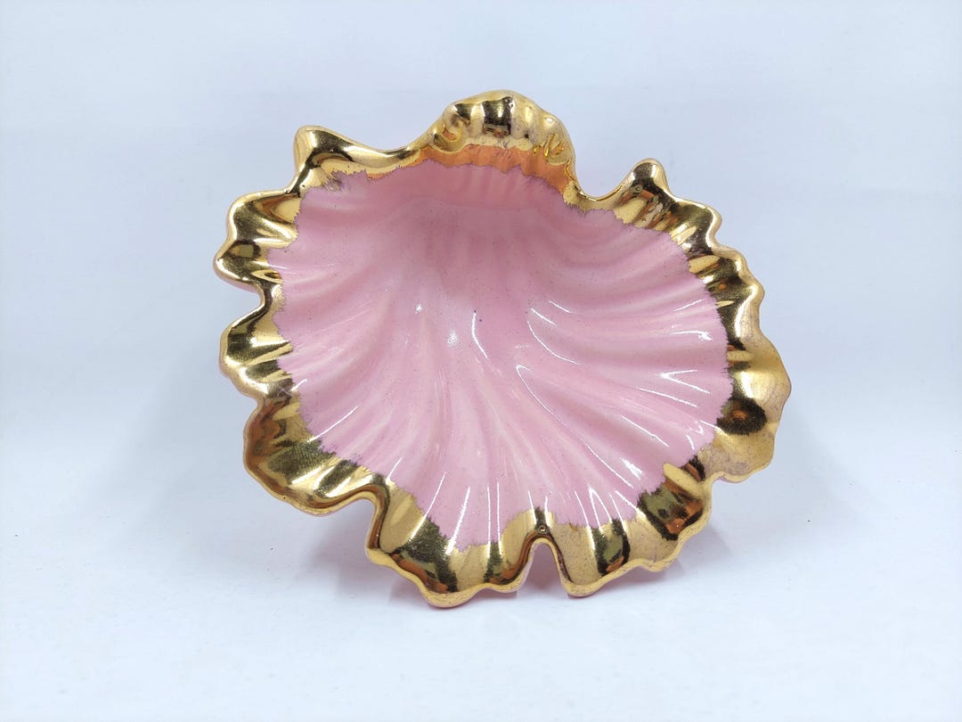 Vintage Pink Porcelain Clam Shell Dish: Gold Gilt Jewelry Soap Footed ...