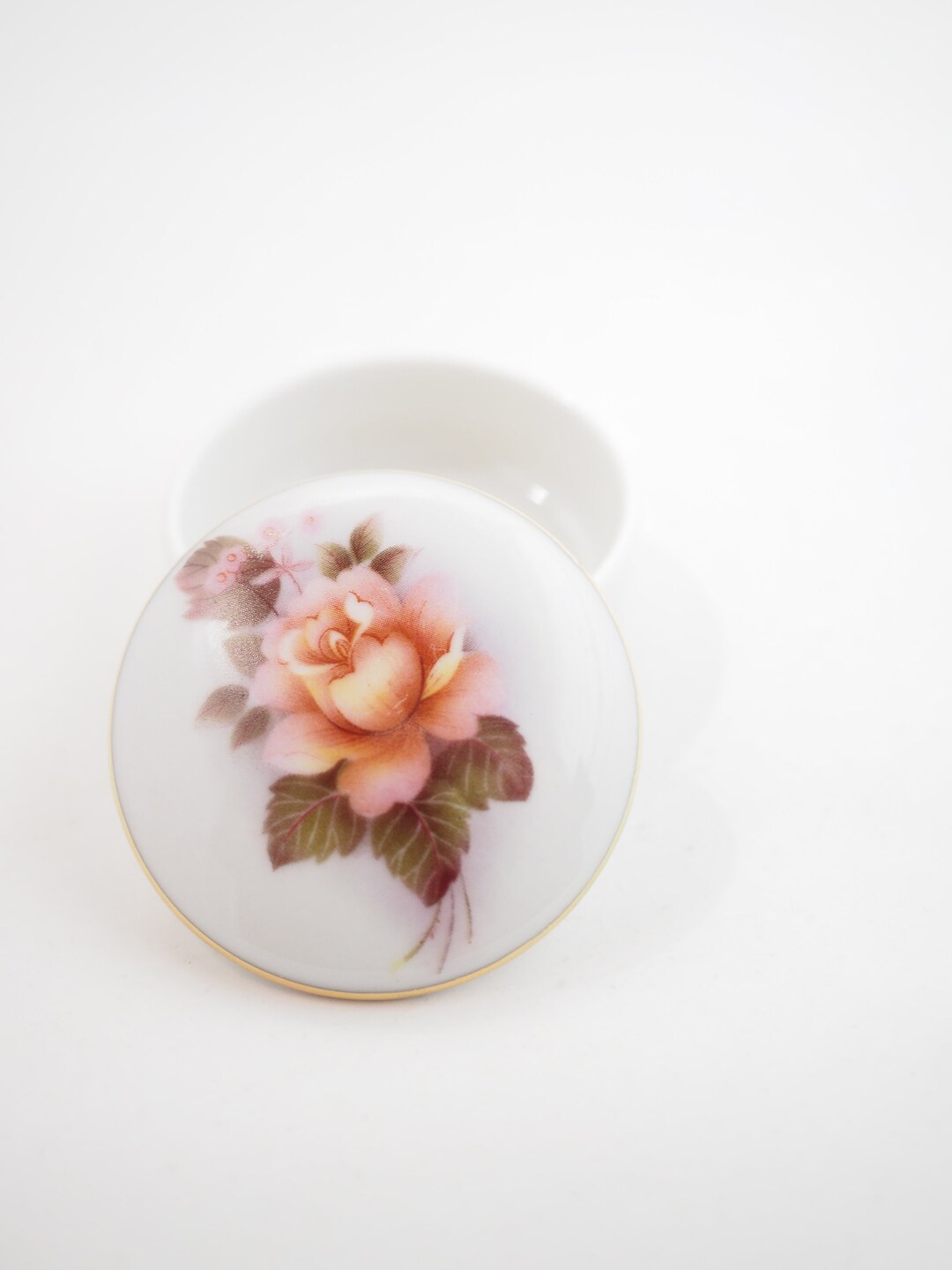 Sweet White & ROSE Ceramic Trinket Box (painted Peach-blush Pink Roses ...