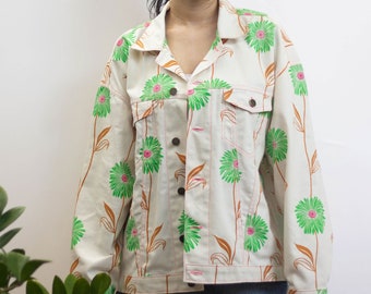 Yellow Floral Canvas Jacket, Vintage Print Denim Jacket, Spring Summer ...