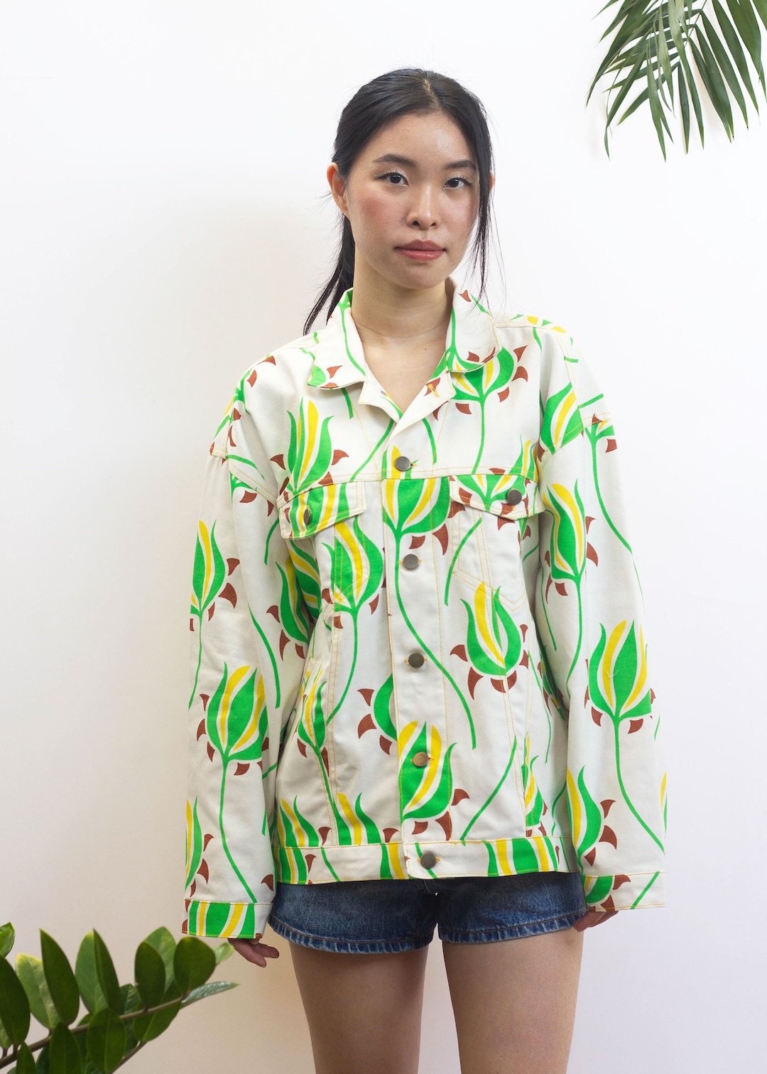 Yellow Floral Canvas Jacket, Vintage Print Denim Jacket, Spring Summer ...