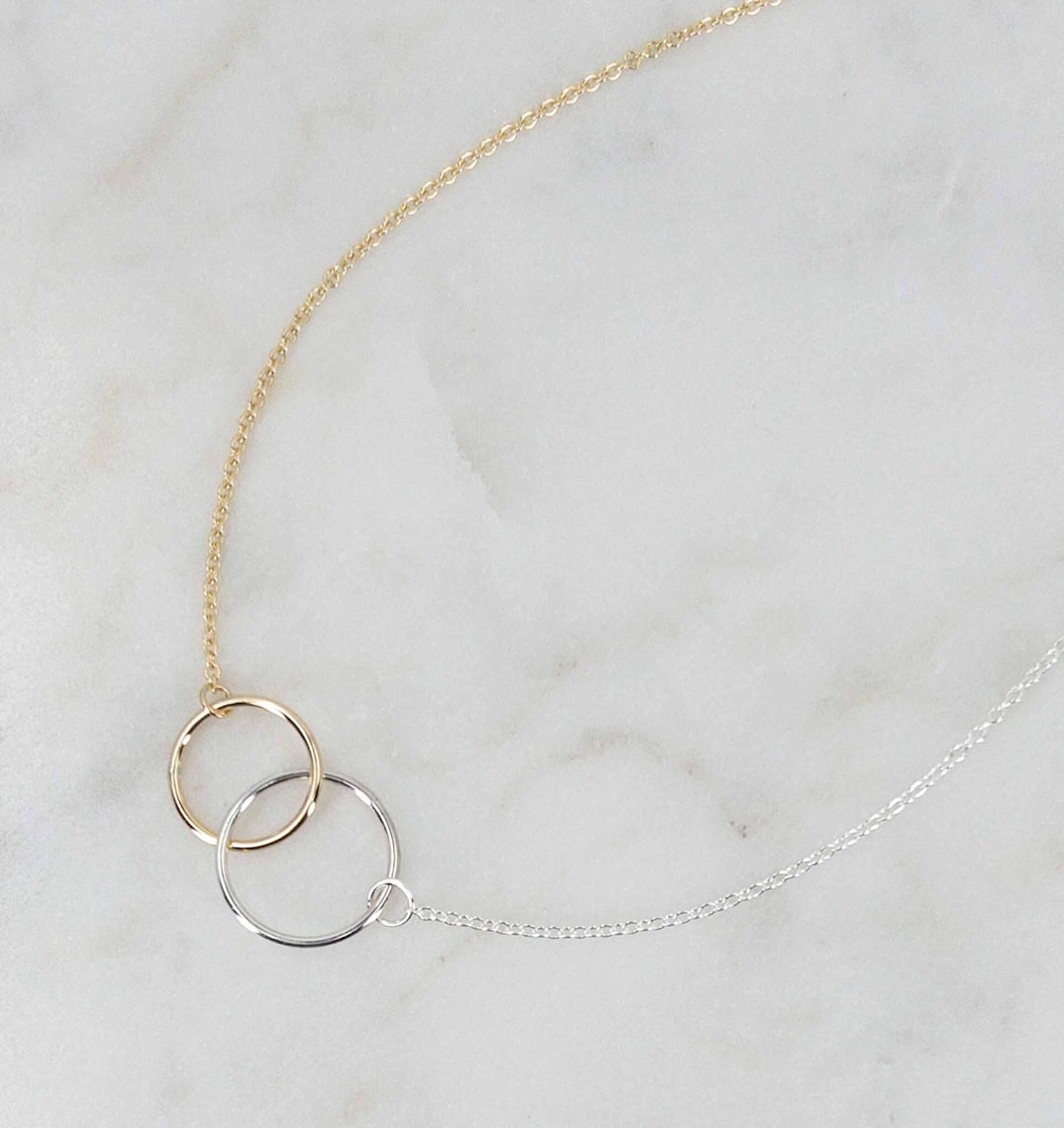 Interlocking Rings Necklace - Mixed Metal Necklace - Sterling Silver ...
