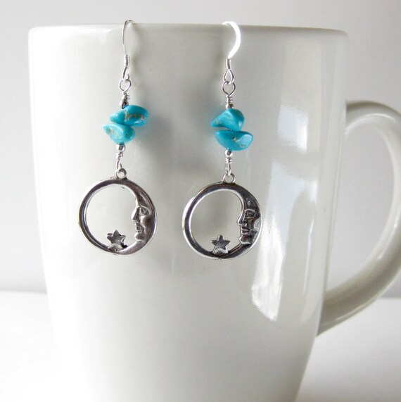 Items similar to Man in the Moon Sterling Silver Earrings, Turquoise ...