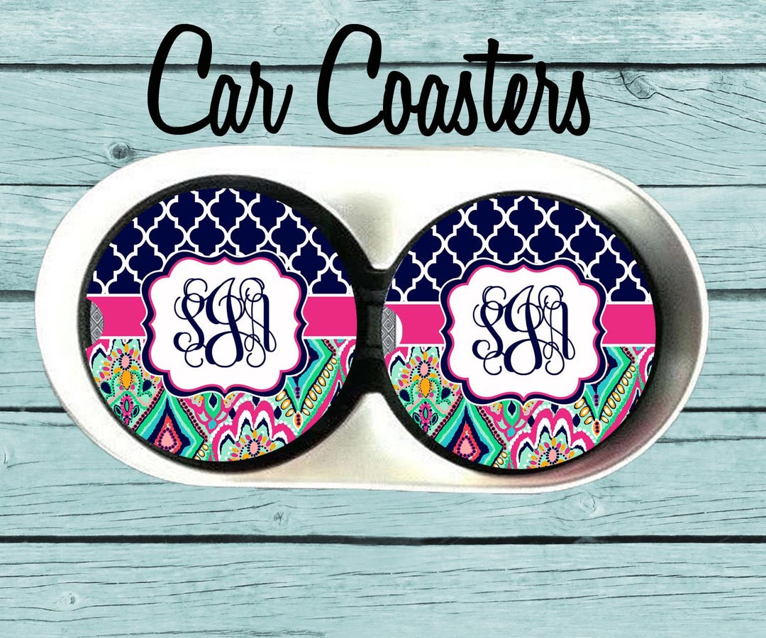 Personalized Car Coaster, Navy Blue, Monogram Car Coaster, Pink Cup ...