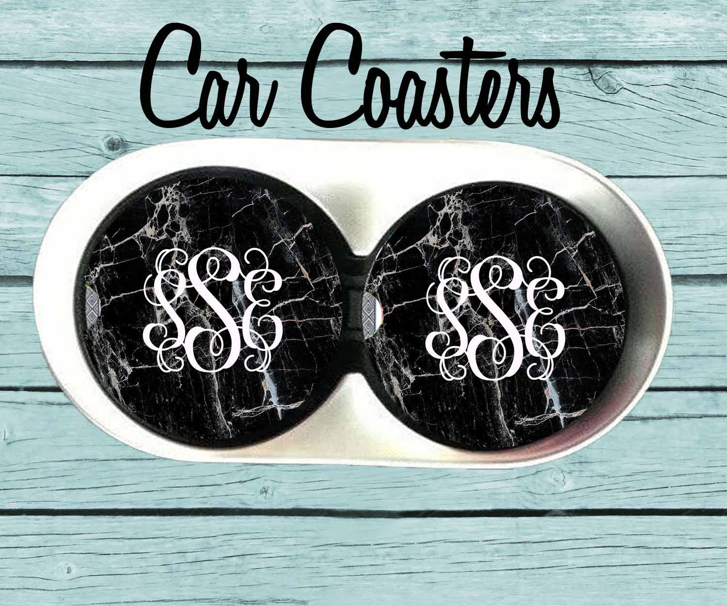 Monogram Car Coaster, Black, Marble, Personalized Car Coaster, Monogram ...
