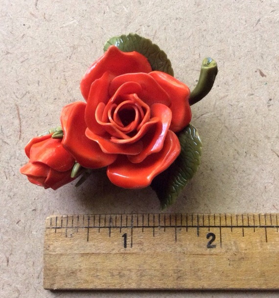 Retro Orange Plastic Molded Rose with Leaves - Gem