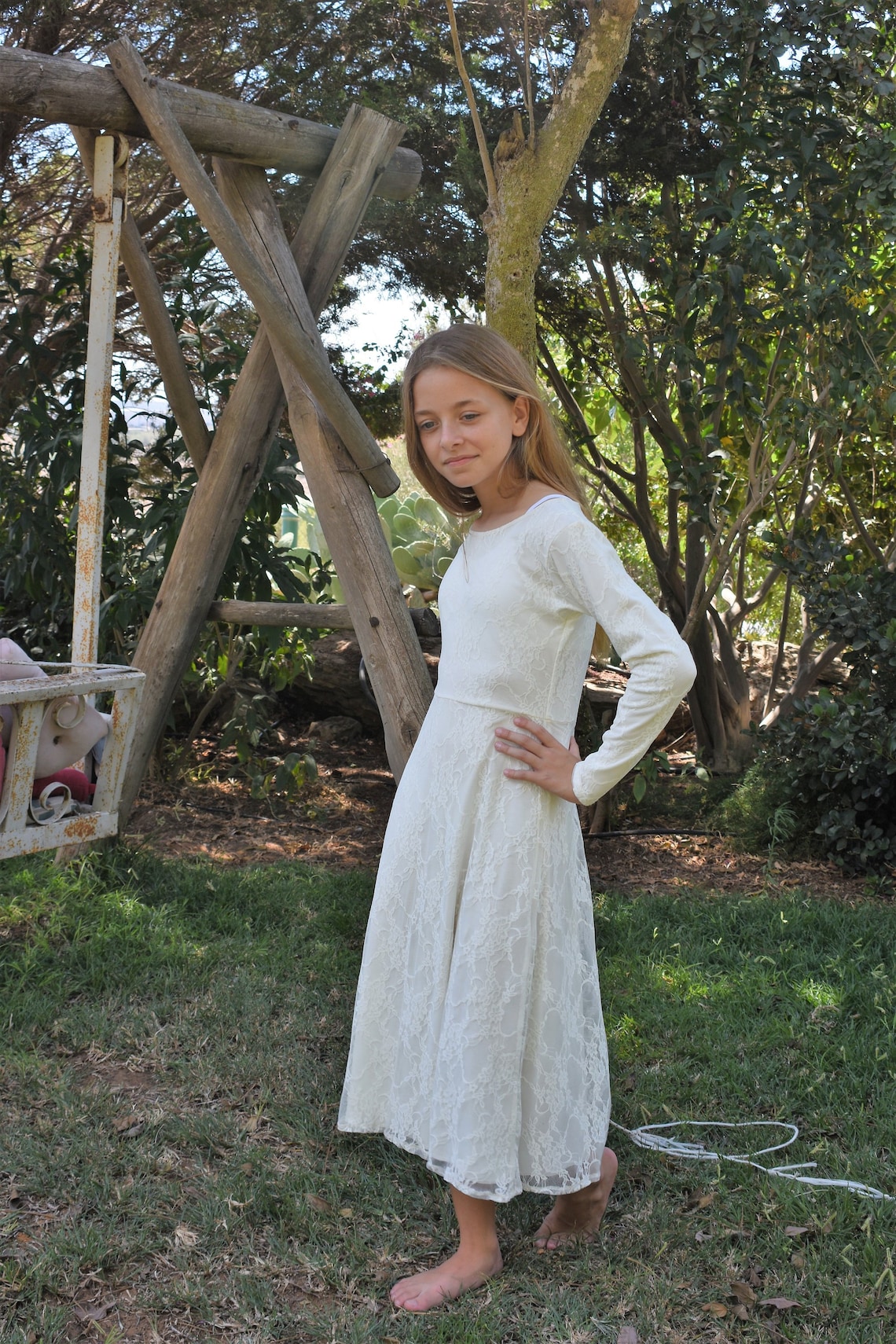 Ivory Long Sleeve Dress for Girls - Girl's Ivory Lace Dress - Long ...