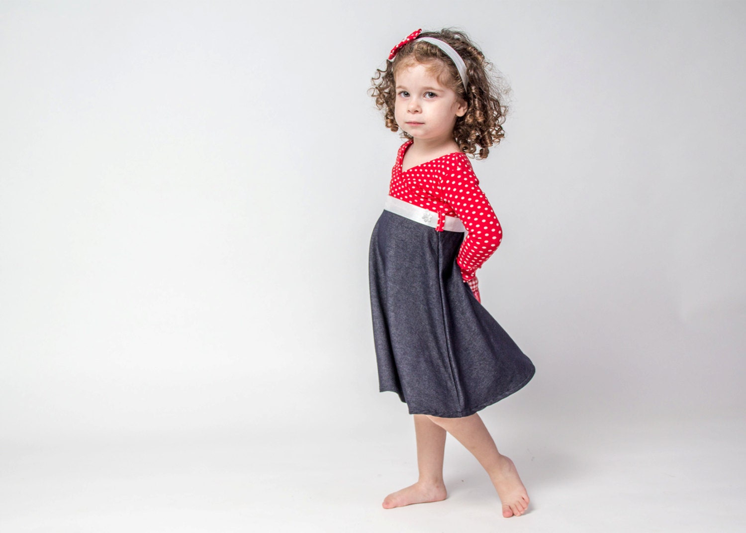 Girls Red Dot and Jeans Twirl Dress - Long Sleeve Girls Twirl Dress ...