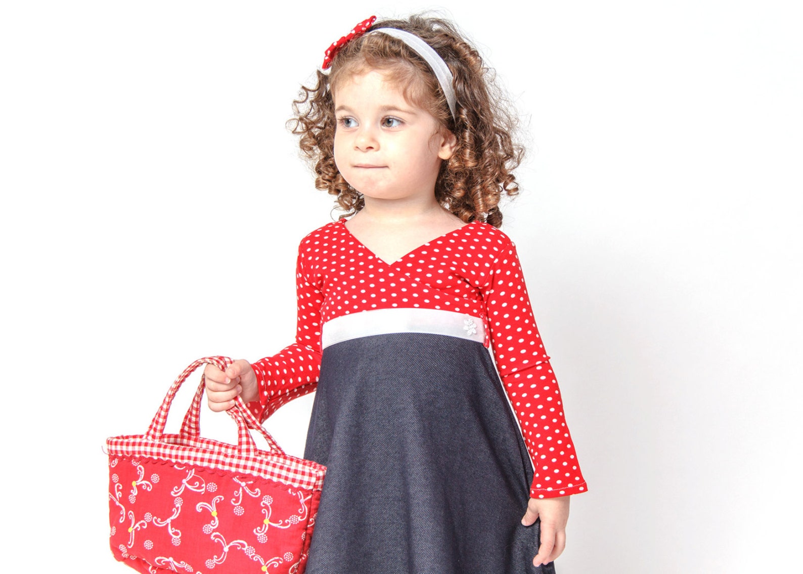 Girls Red Dot and Jeans Twirl Dress - Long Sleeve Girls Twirl Dress ...