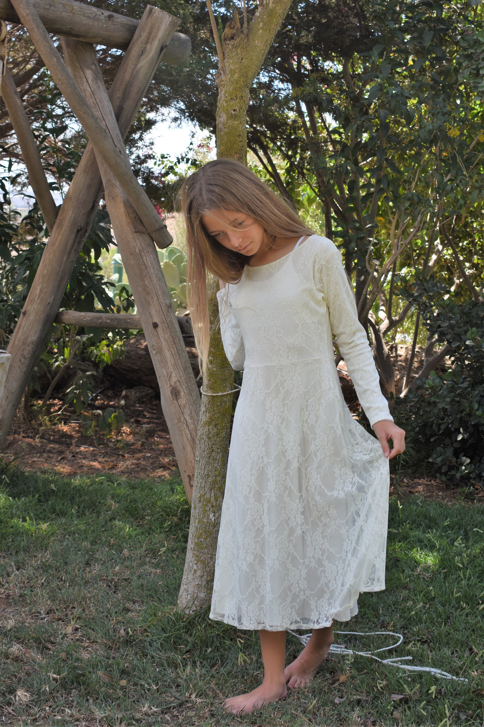 Ivory Long Sleeve Dress for Girls - Girl's Ivory Lace Dress - Long ...