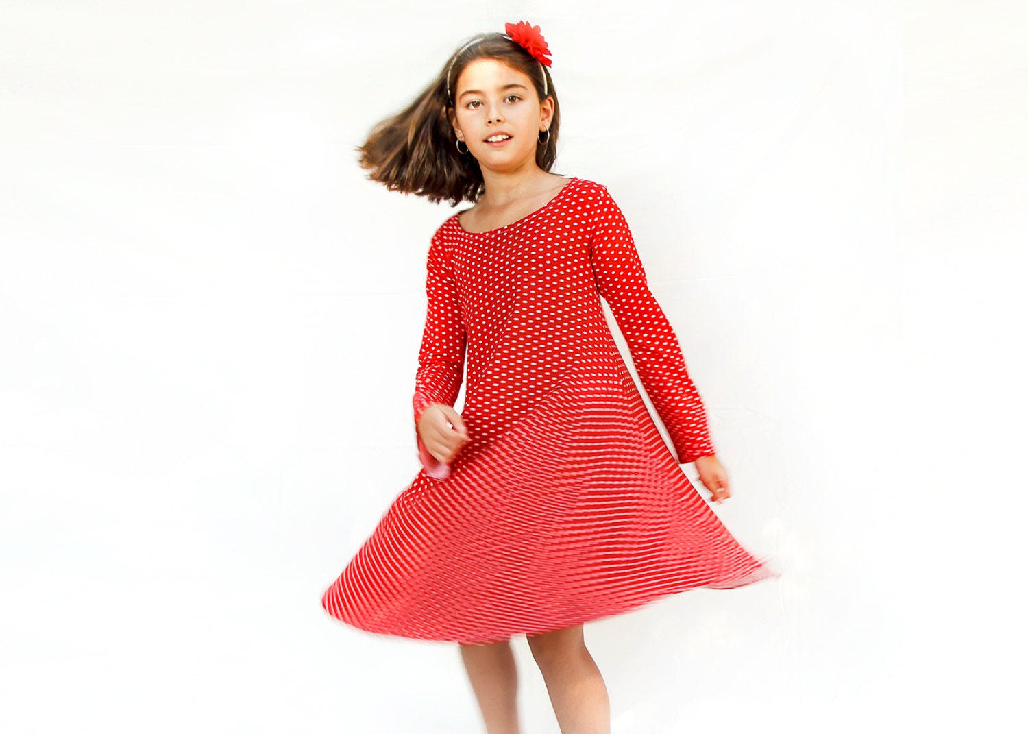 Girls Long Sleeve Red Dress - Girls Red Polka Dot Twirly Dress - Red ...