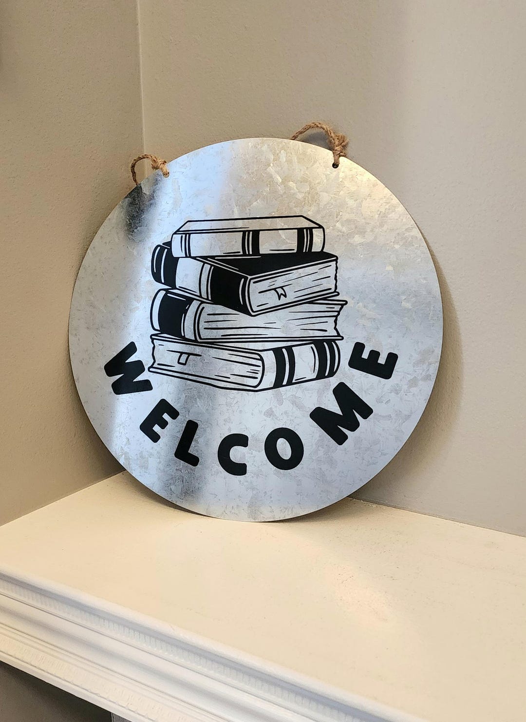 Welcome Bookstack Door Sign, Galvanized Metal 14"x14" Hanging Sign ...