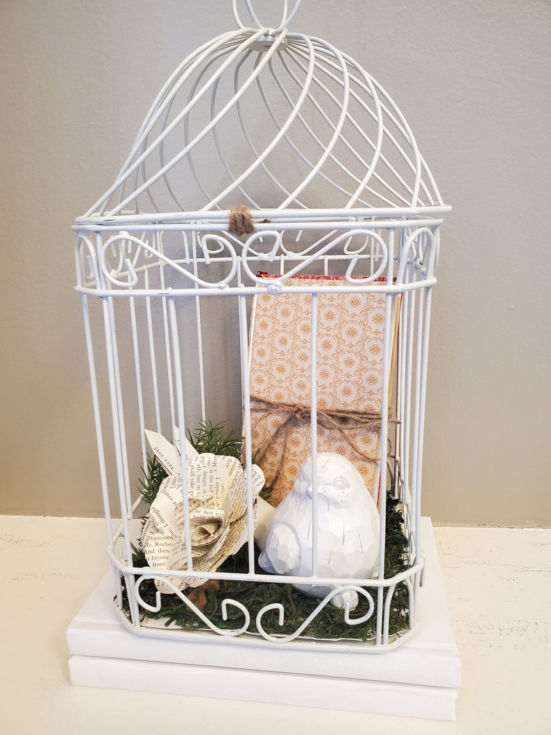 Birdcage Book Vignette, Bookish Decor, Book Page Flower, Re-purposed ...