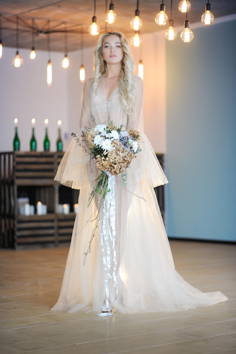Beige Boudoir Dress, Tulle Boudoir Gown, Long Sleeve Bridal Gown ...