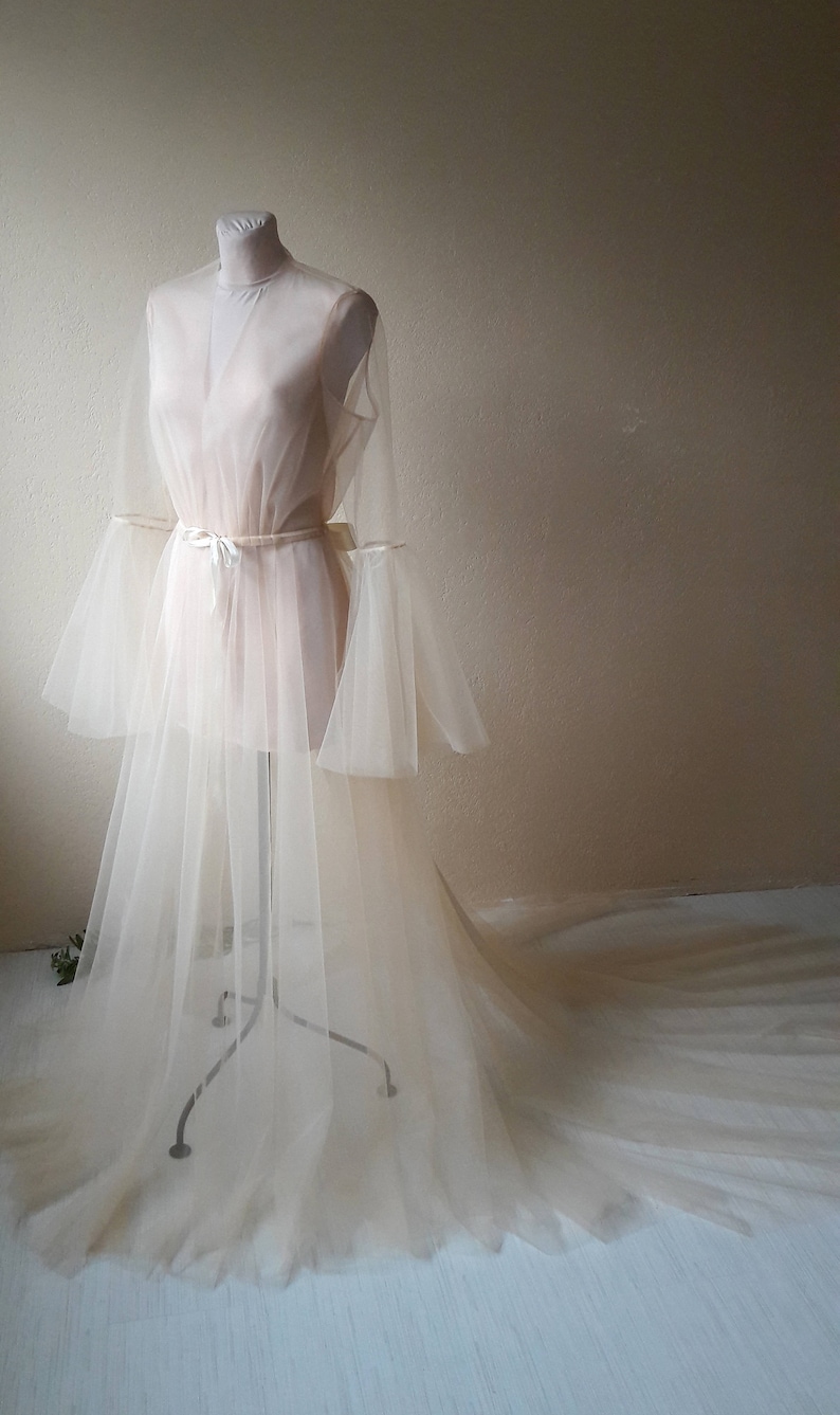 Beige Boudoir Dress, Tulle Boudoir Gown, Long Sleeve Bridal Gown ...