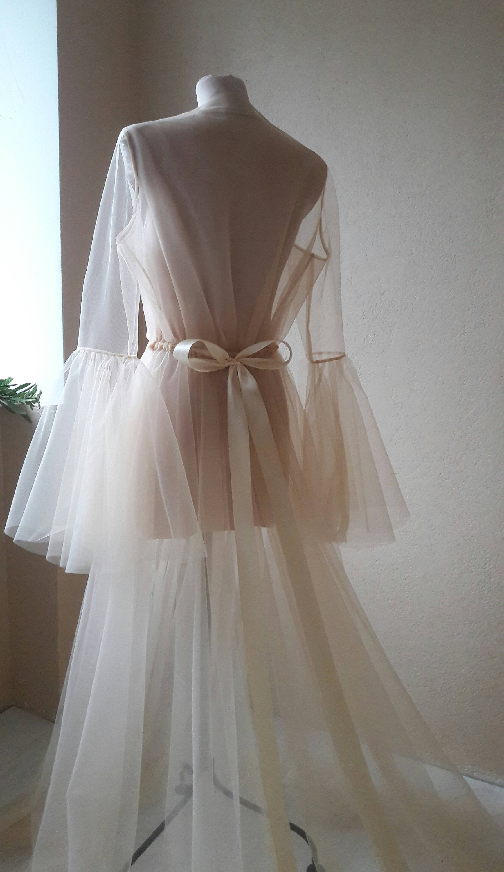 Beige Boudoir Dress, Tulle Boudoir Gown, Long Sleeve Bridal Gown ...