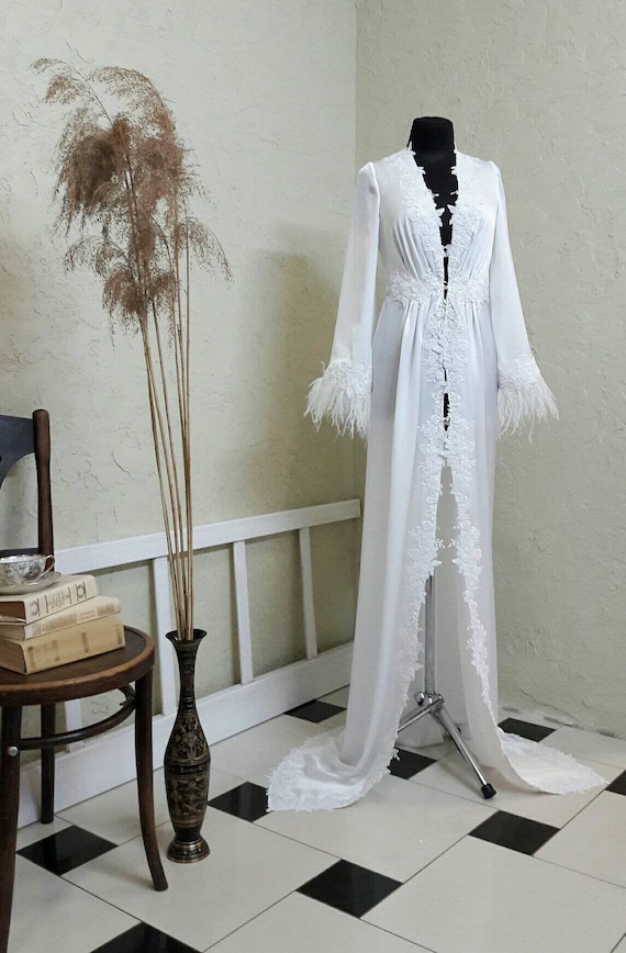 Long Silk Robe With Feathers Silk Bridal Lingerie Silk - Etsy