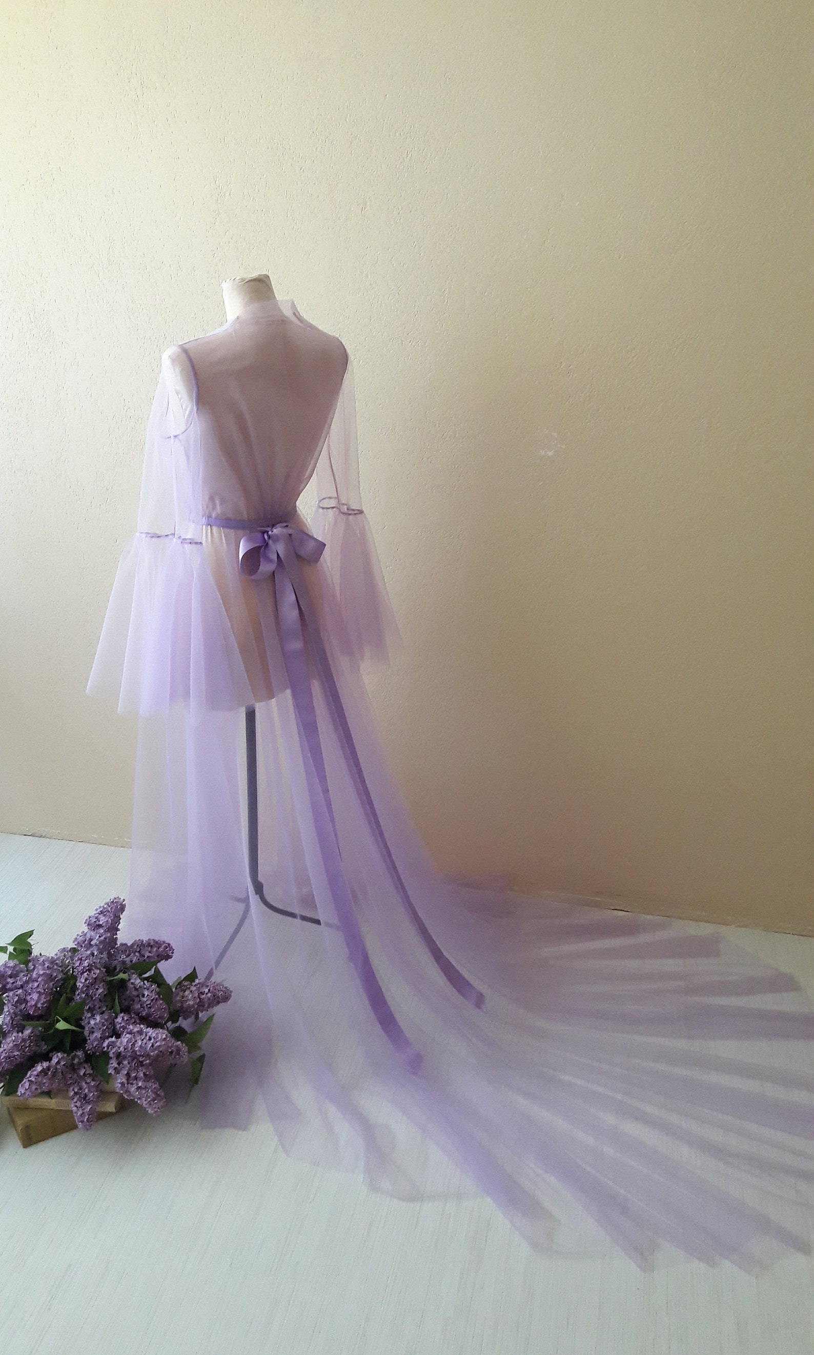 Light Purple Boudoir Dress, Tulle Boudoir Gown, Long Sleeve Bridal Gown ...