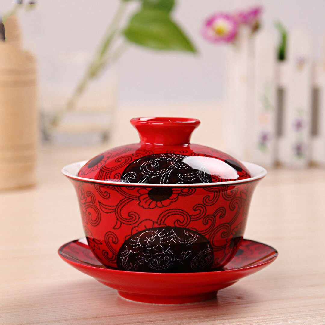 In-glaze Porcelain Gaiwan Tea Cup and Saucer With Lid, Chinese Wedding ...