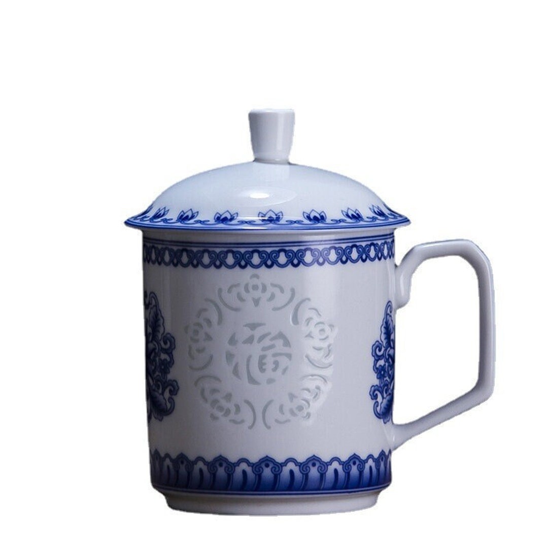 Oriarm Blue and White Linglong Porcelain Tea Mug With Lid, Office Tea ...