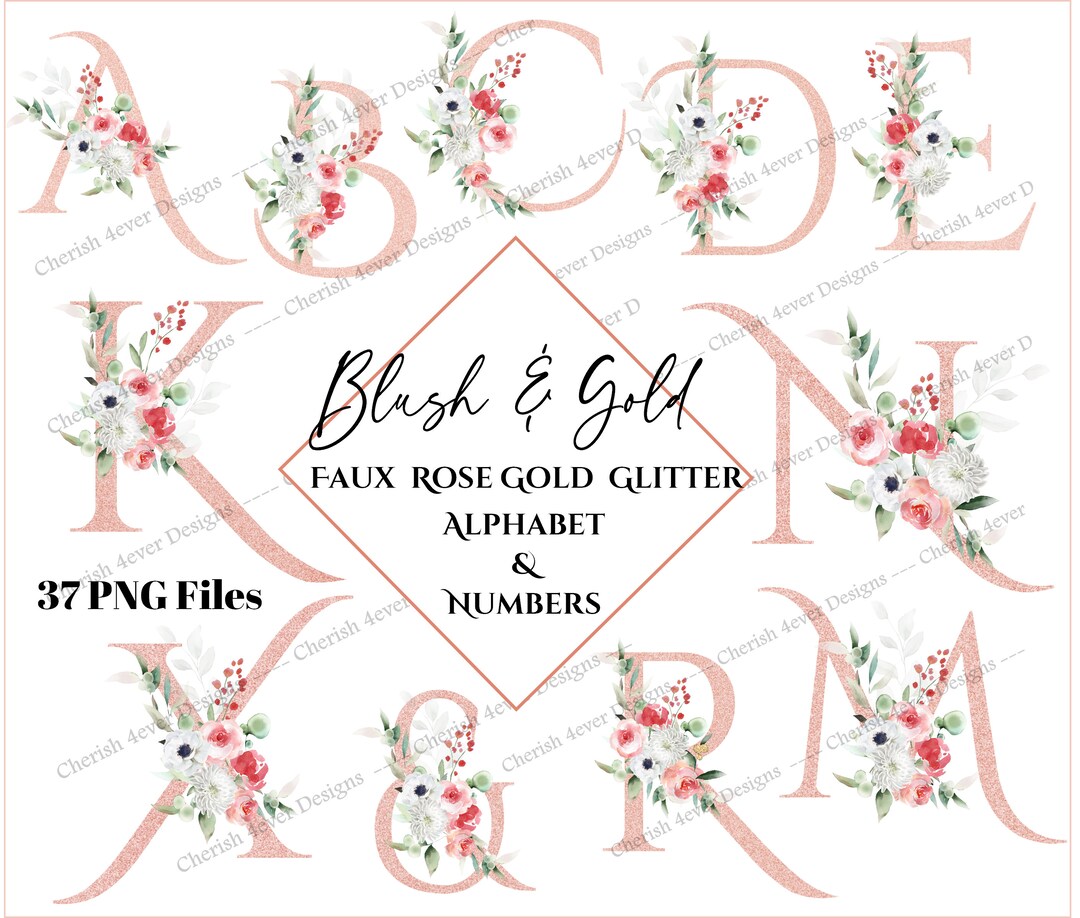 Rose Gold and Blush Florals Alphabet and Numbers, Faux Rose Gold ...