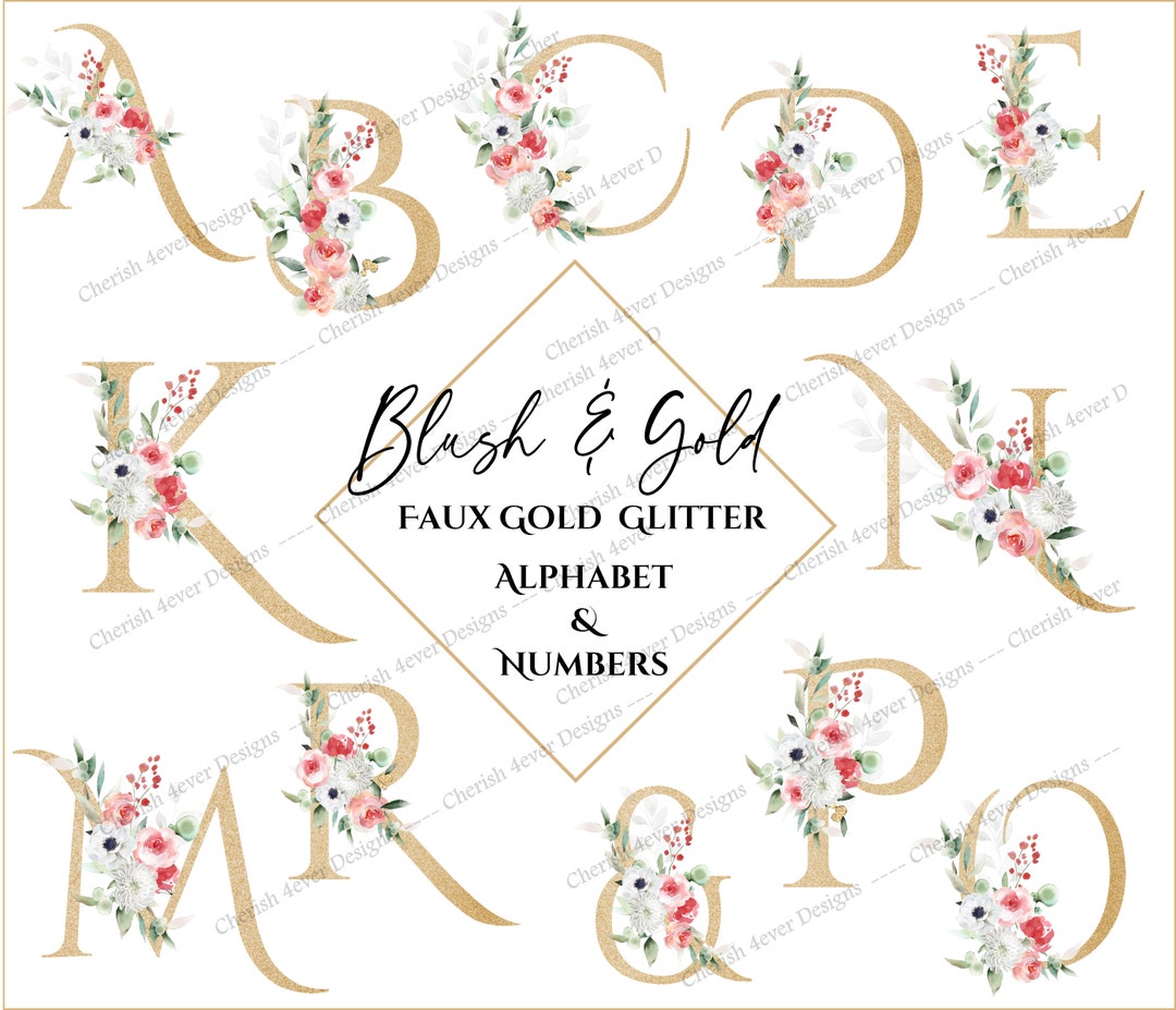 Gold and Blush Alphabet and Numbers. Download 37 PNG Files, With ...