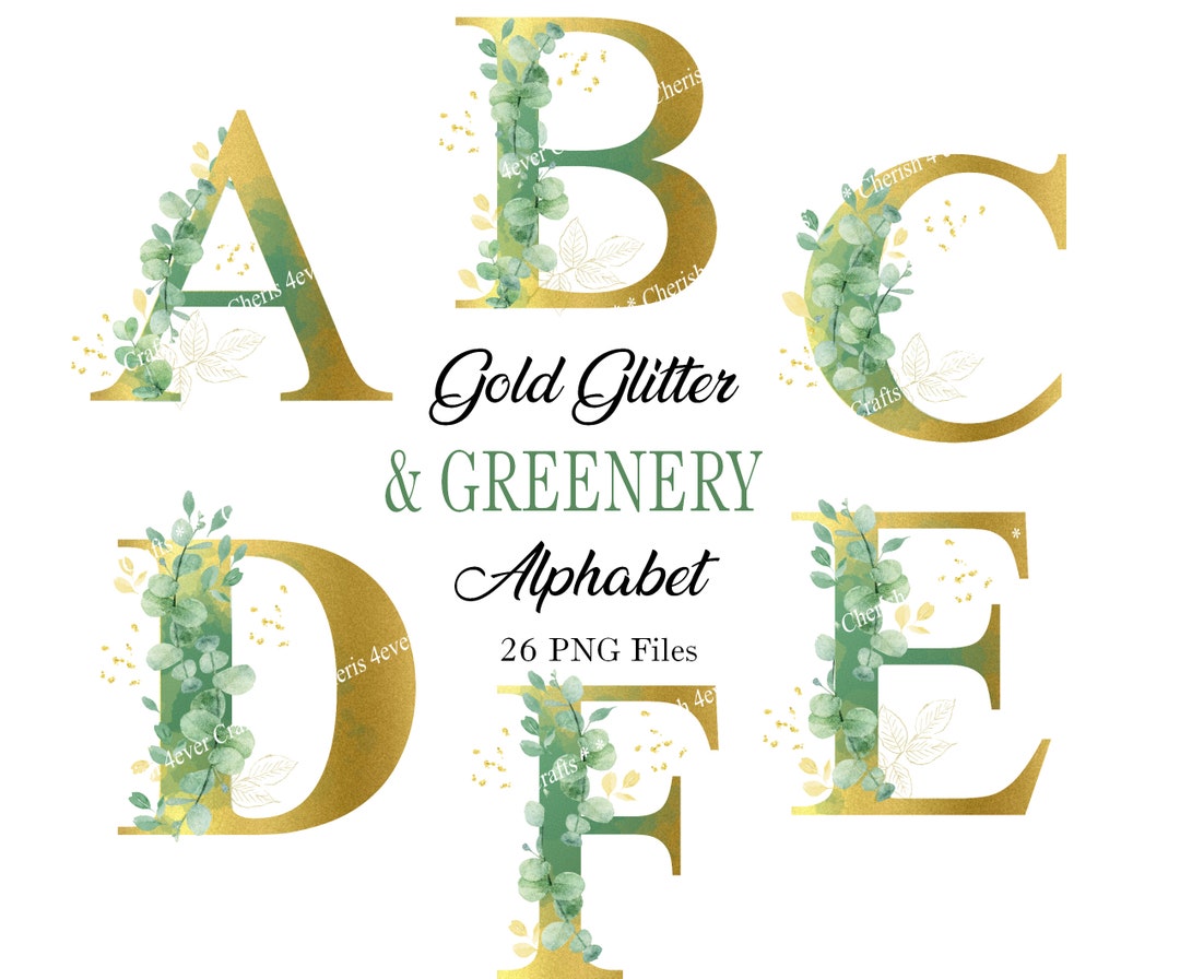 Gold Glitter and Greenery Uppercase Alphabet Letters A-Z, Monogram Clip ...