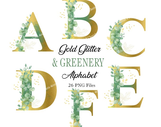 Gold Glitter and Greenery Uppercase Alphabet Letters A-Z, Monogram Clip ...