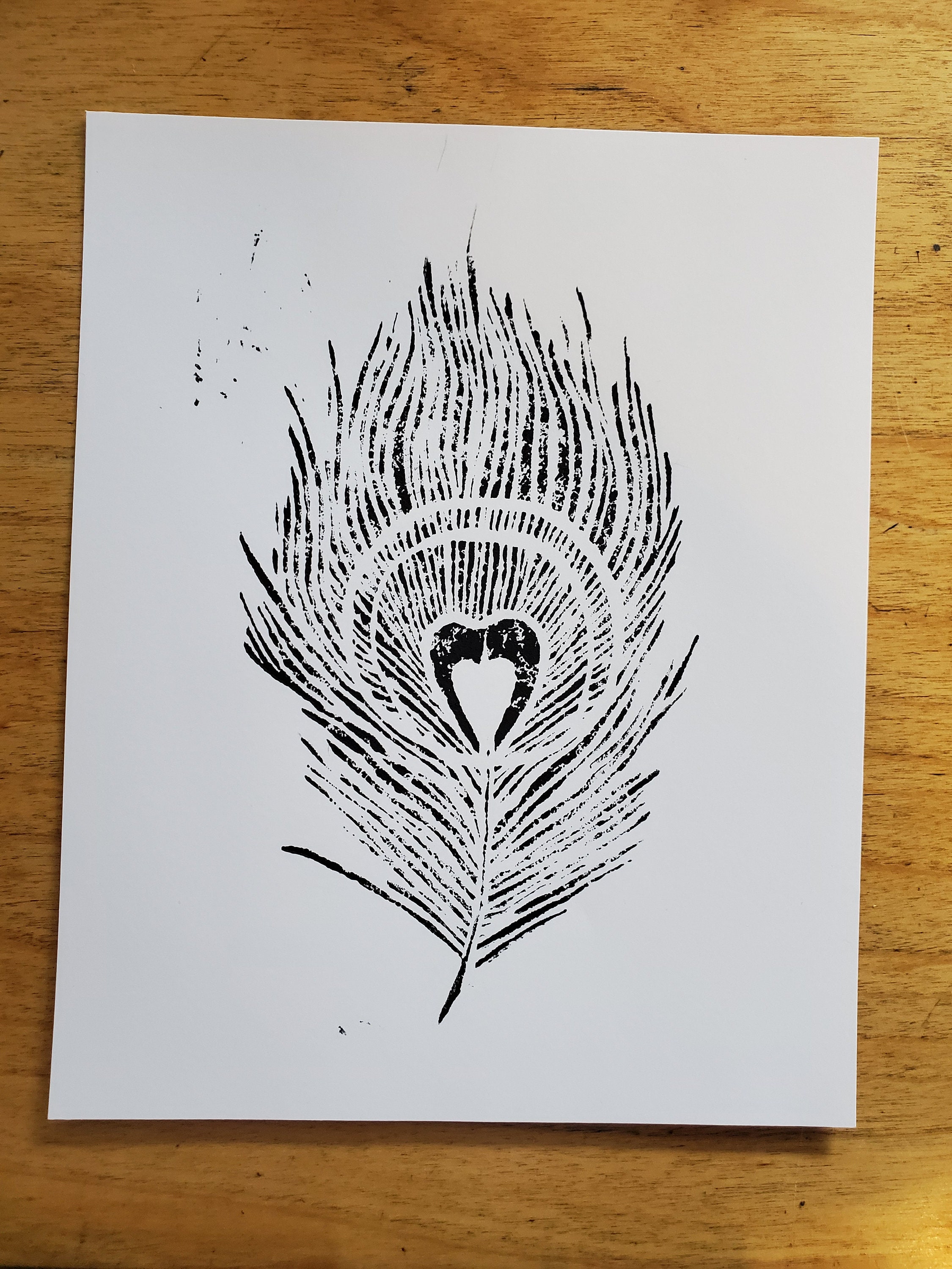 Peacock Feather Heart Block Print, Hand Carved and Hand Printed, 8x10in ...