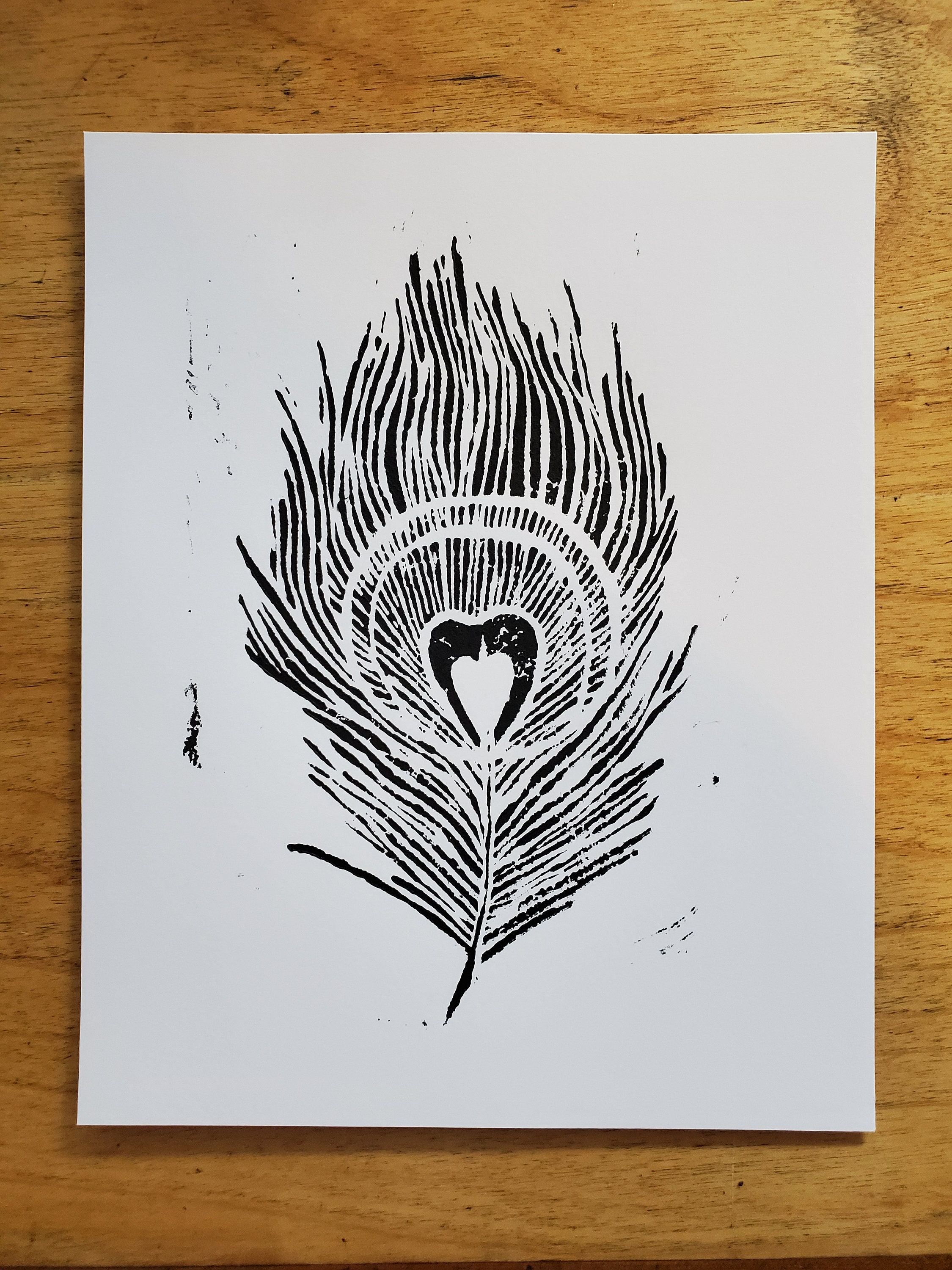 Peacock Feather Heart Block Print, Hand Carved and Hand Printed, 8x10in ...