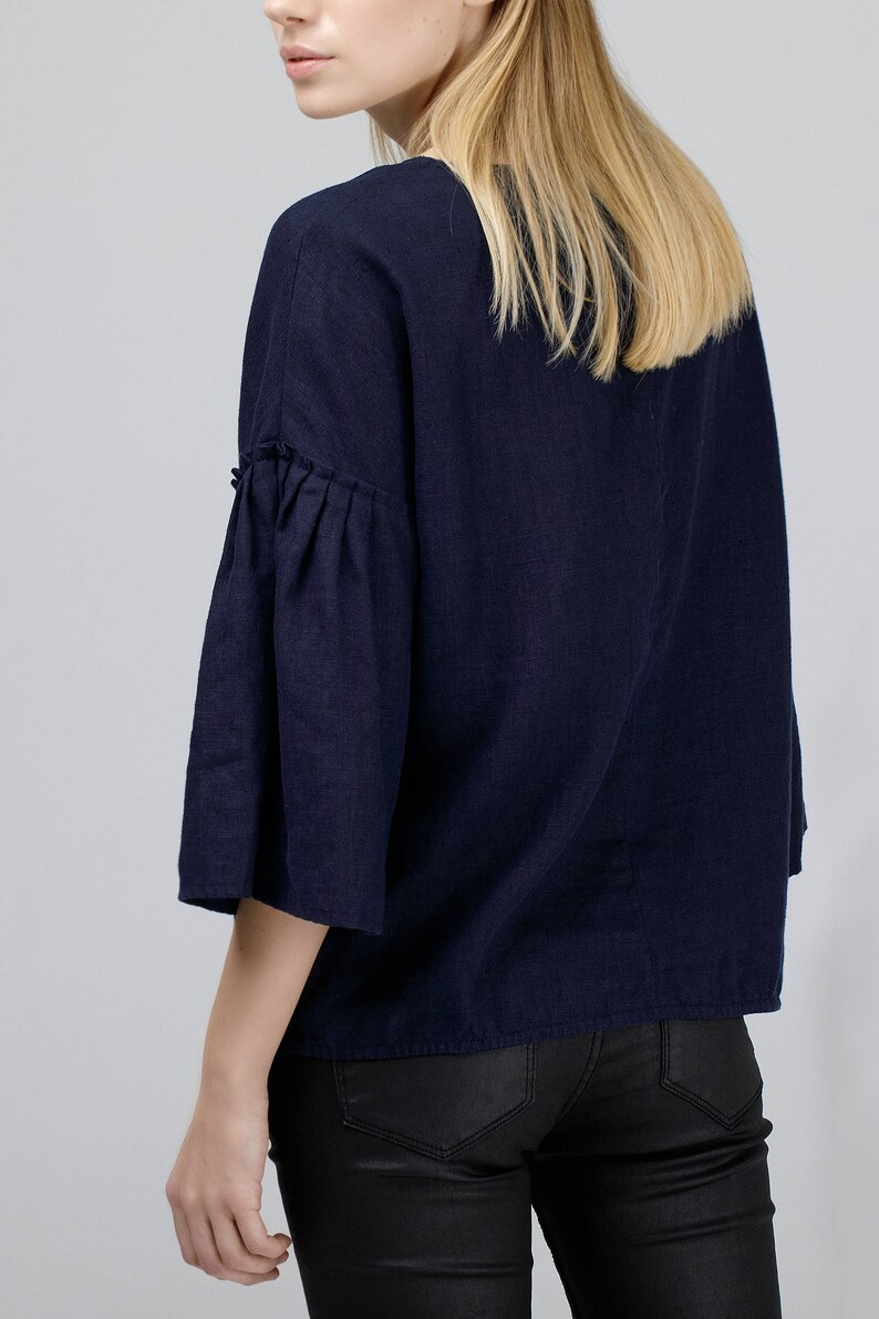 Dark Blue Linen Top With Frill Sleeves / Linen Blouse With - Etsy
