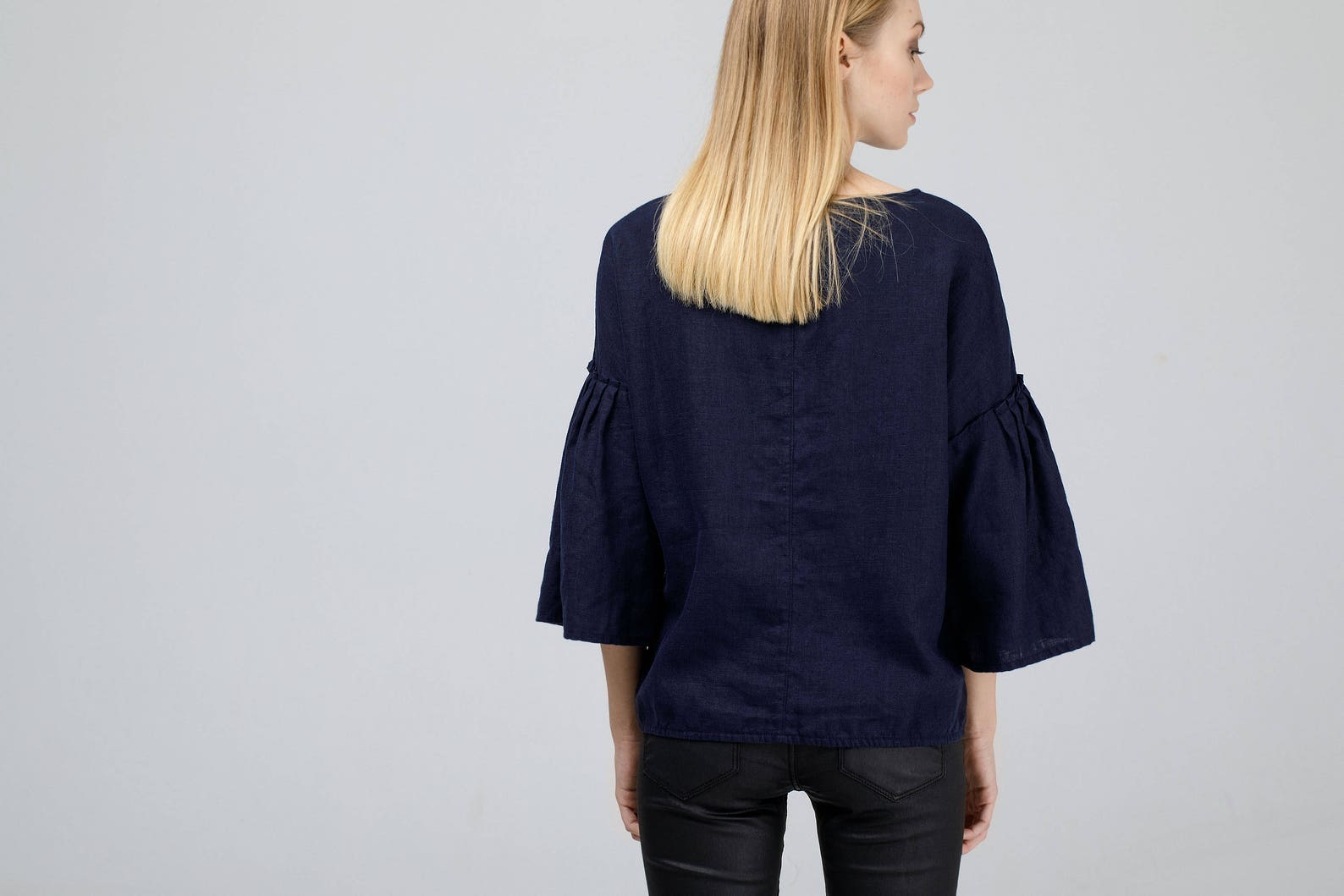 Dark Blue Linen Top With Frill Sleeves / Linen Blouse With - Etsy