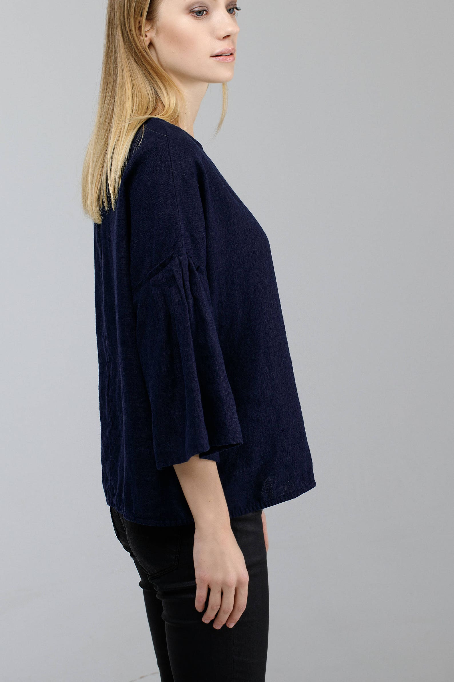 Dark Blue Linen Top With Frill Sleeves / Linen Blouse With - Etsy