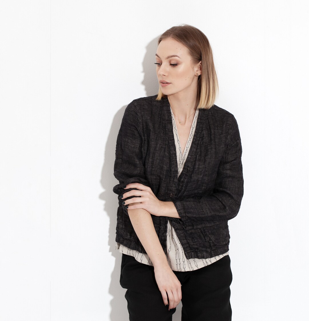 Short Linen Jacket With Buttons / Black Linen Jacket / Linen Cardigan ...