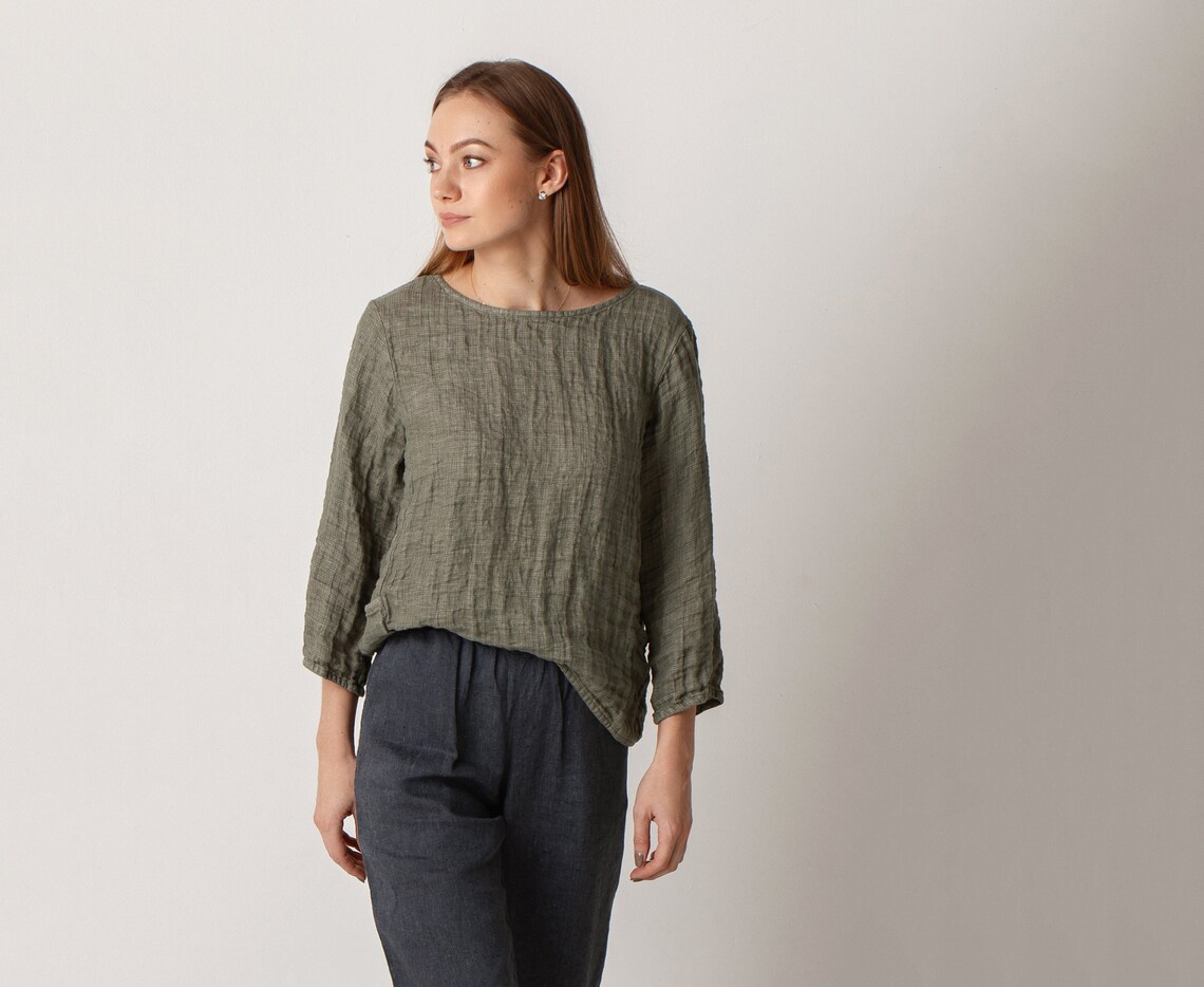 Natural Linen Boxy Top With Side Pockets / Loose-fitting Top / | Etsy