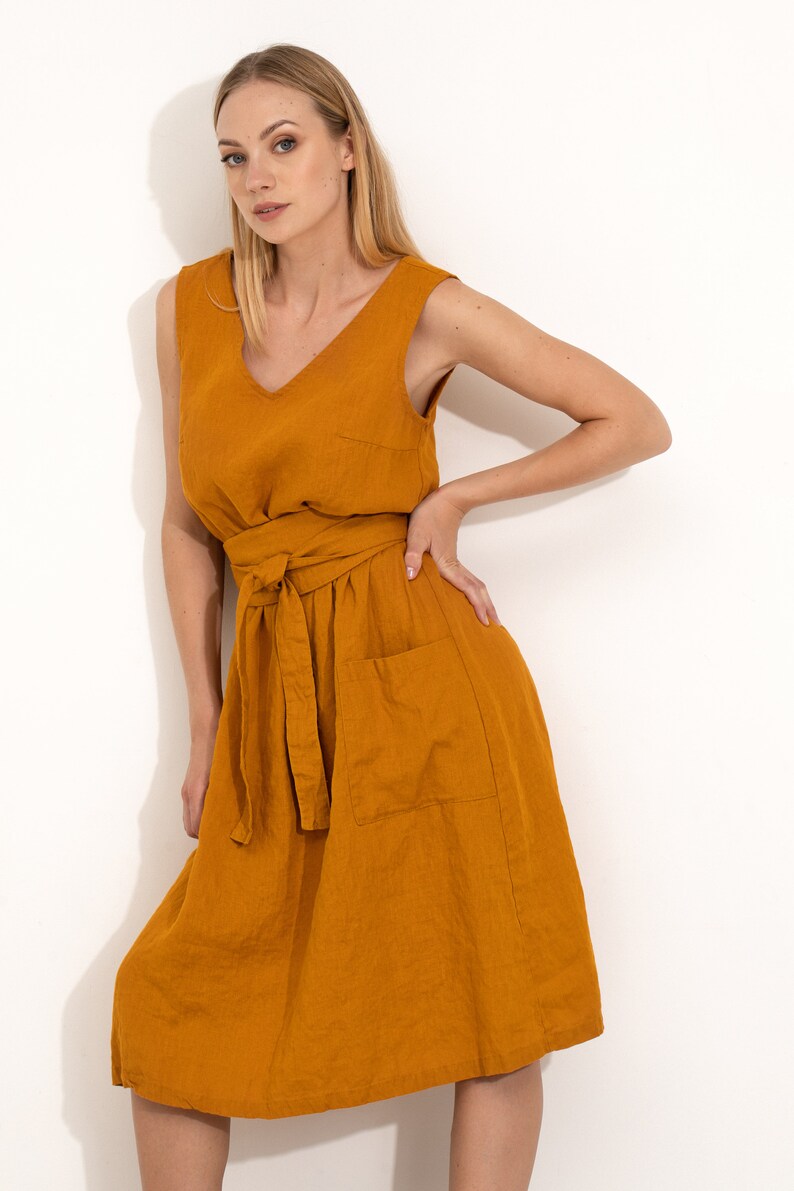 Sleeveless Linen Dress With Belt And Elastic Waist Flax Etsy