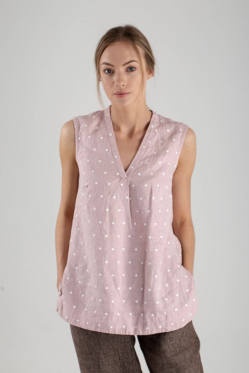 Pink Sleeveless Linen Top With White Dots / Pink Linen Top / - Etsy