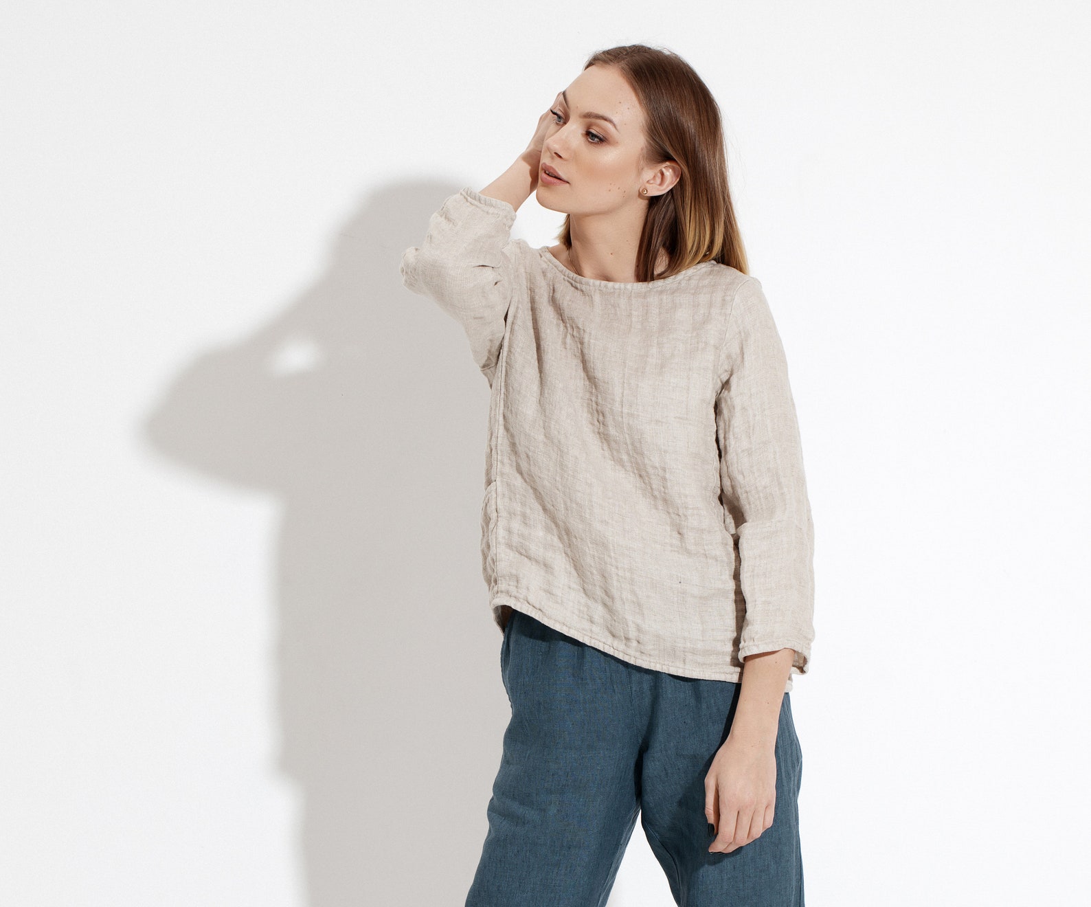 Natural Linen Boxy Top With Side Pockets / Loose-fitting Top / Loose ...