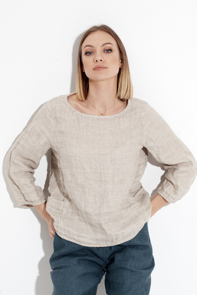 Natural Linen Boxy Top With Side Pockets / Loose-fitting Top / Loose ...