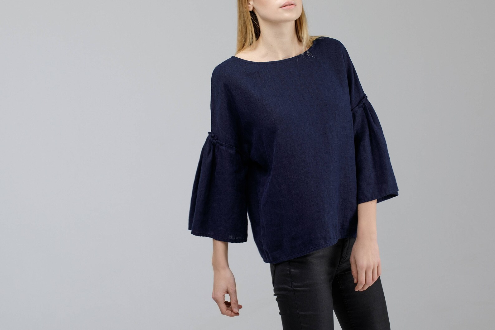 Dark Blue Linen Top With Frill Sleeves / Linen Blouse With - Etsy