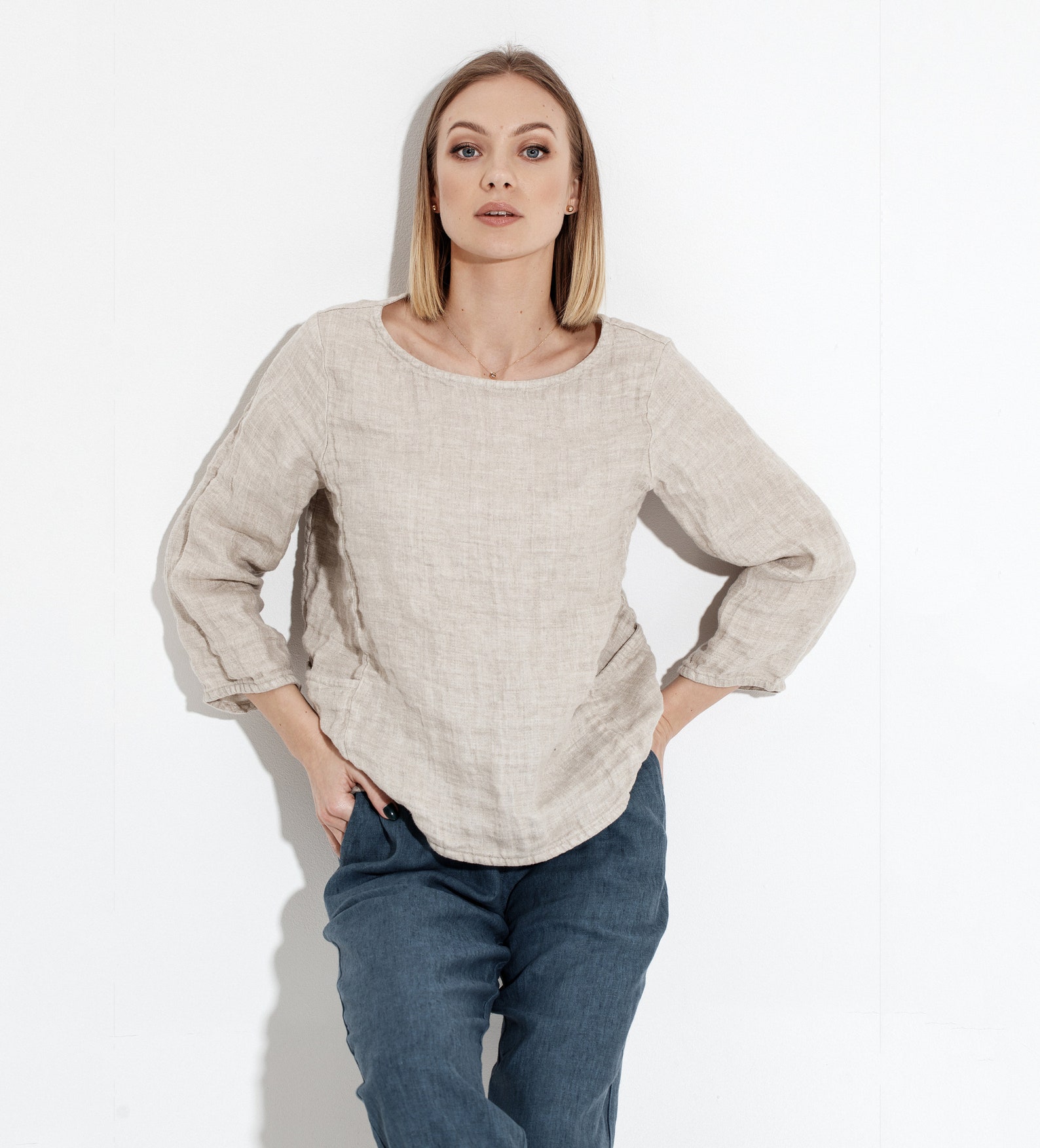 Natural Linen Boxy Top With Side Pockets / Loose-fitting Top / | Etsy