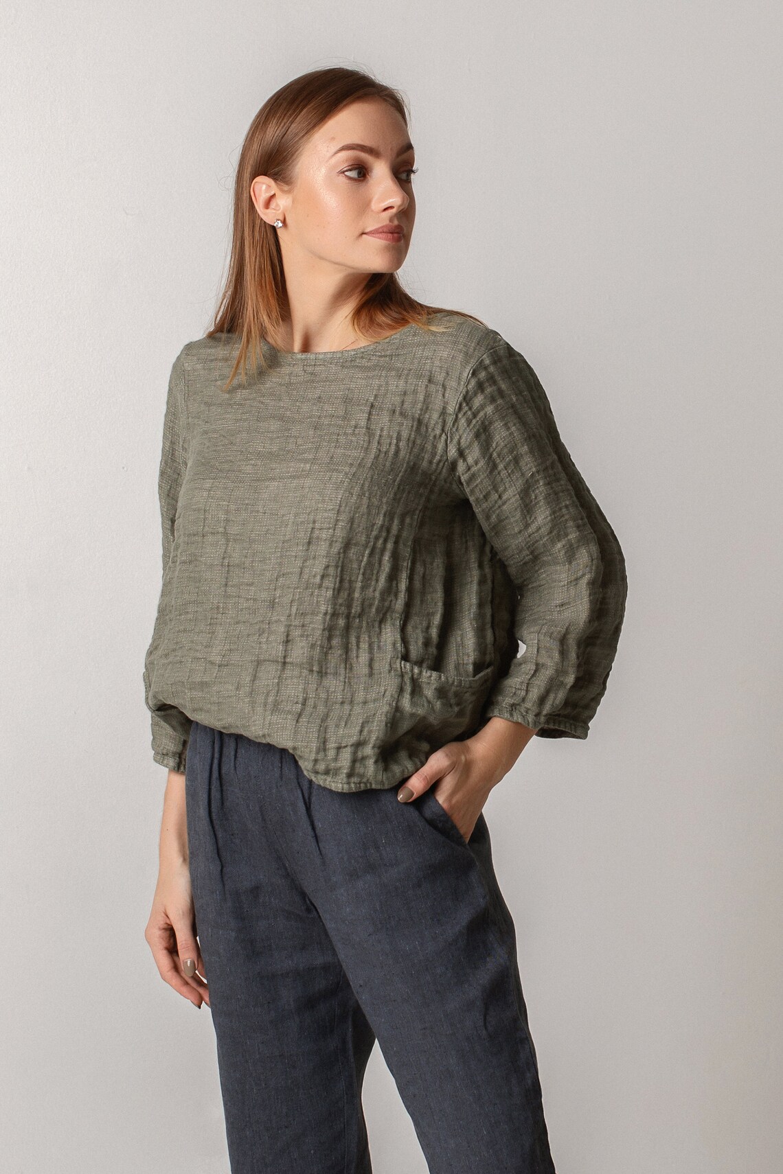 Natural Linen Boxy Top With Side Pockets / Loose-fitting Top / - Etsy