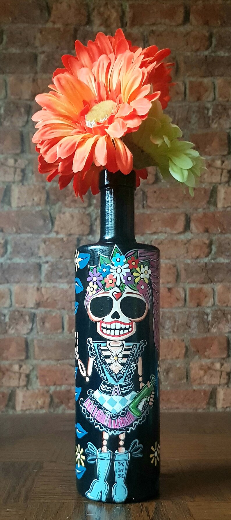 Botella mexicana pintada a mano del Día de los Muertos. Florero. Regalo ...
