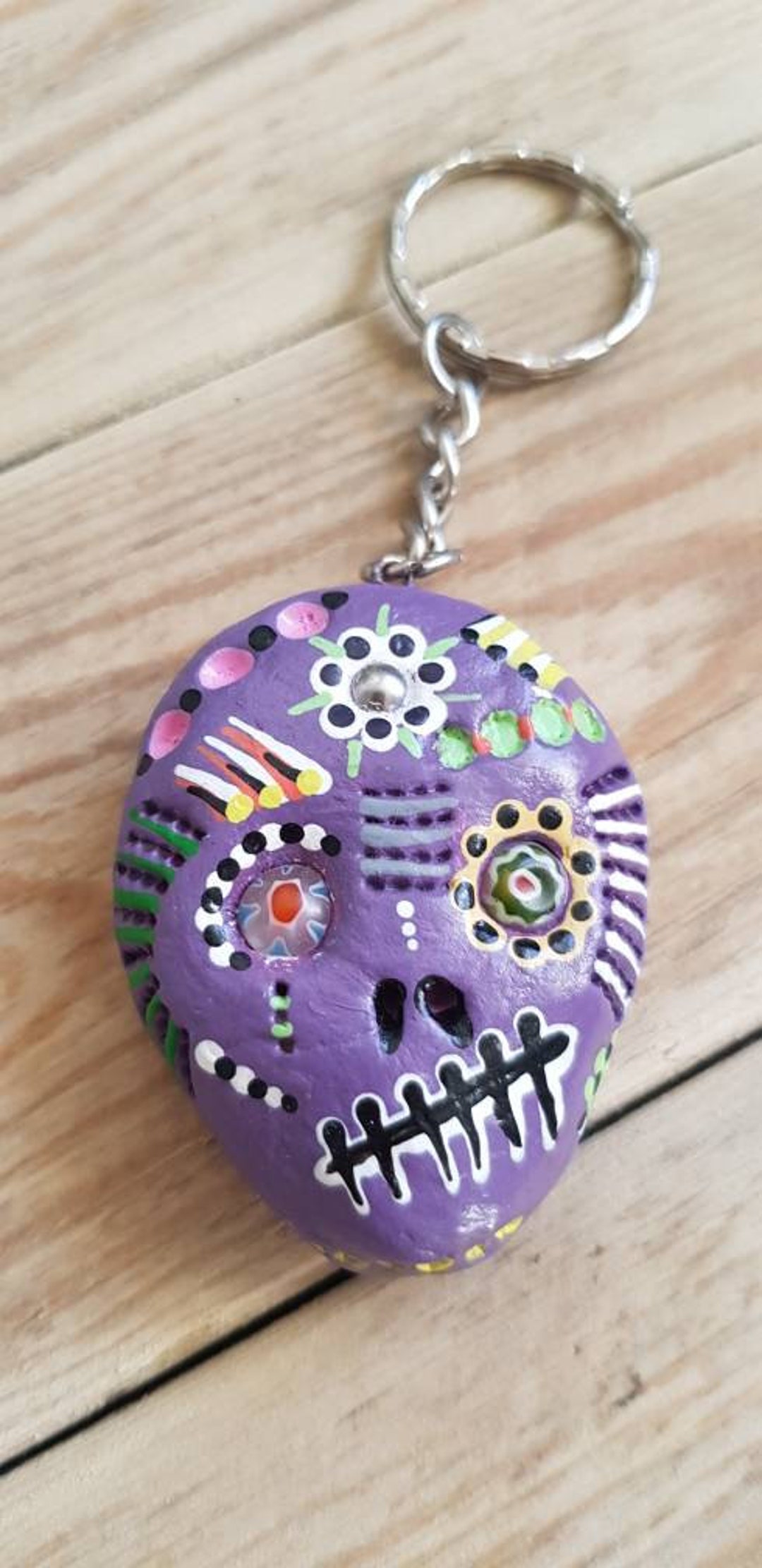 Mexican Day of the Dead, Sugar Skull, Clay Keyring, Keychain. Purple ...