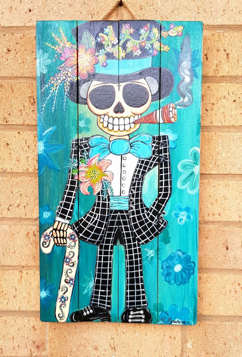 Skull Wall Art. Upcycled Hand-painted Wood Wall Art. Day of the Dead ...