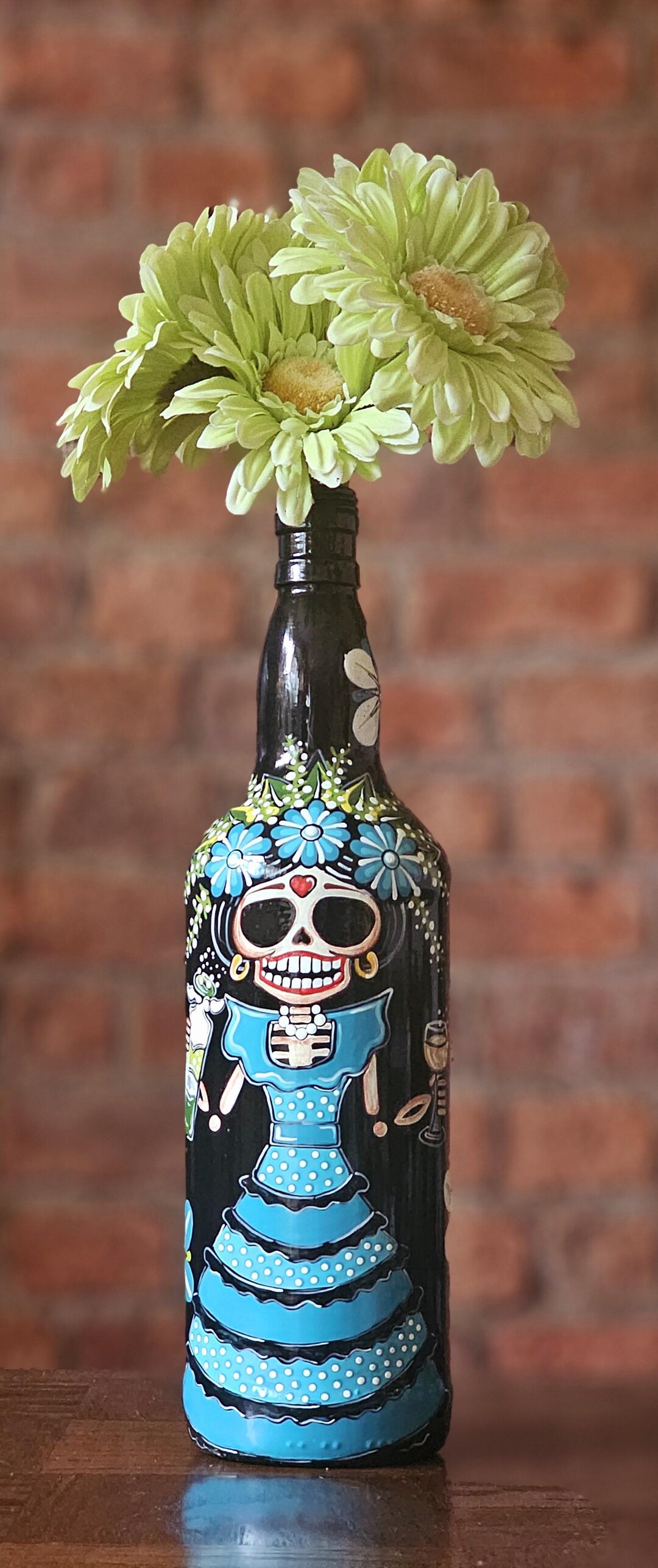 Hand Painted Skeleton Bottle. Vase. Sugar Skull Gift. Day of the Dead ...