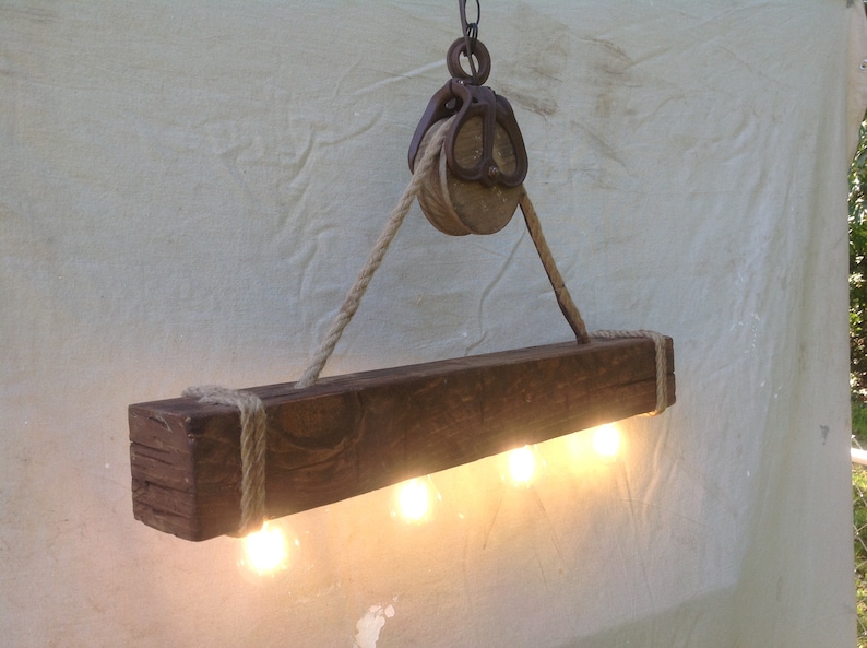 Barn Beam Light Fixture With Rope & Pulley, Recessed LED Bulbs - Etsy