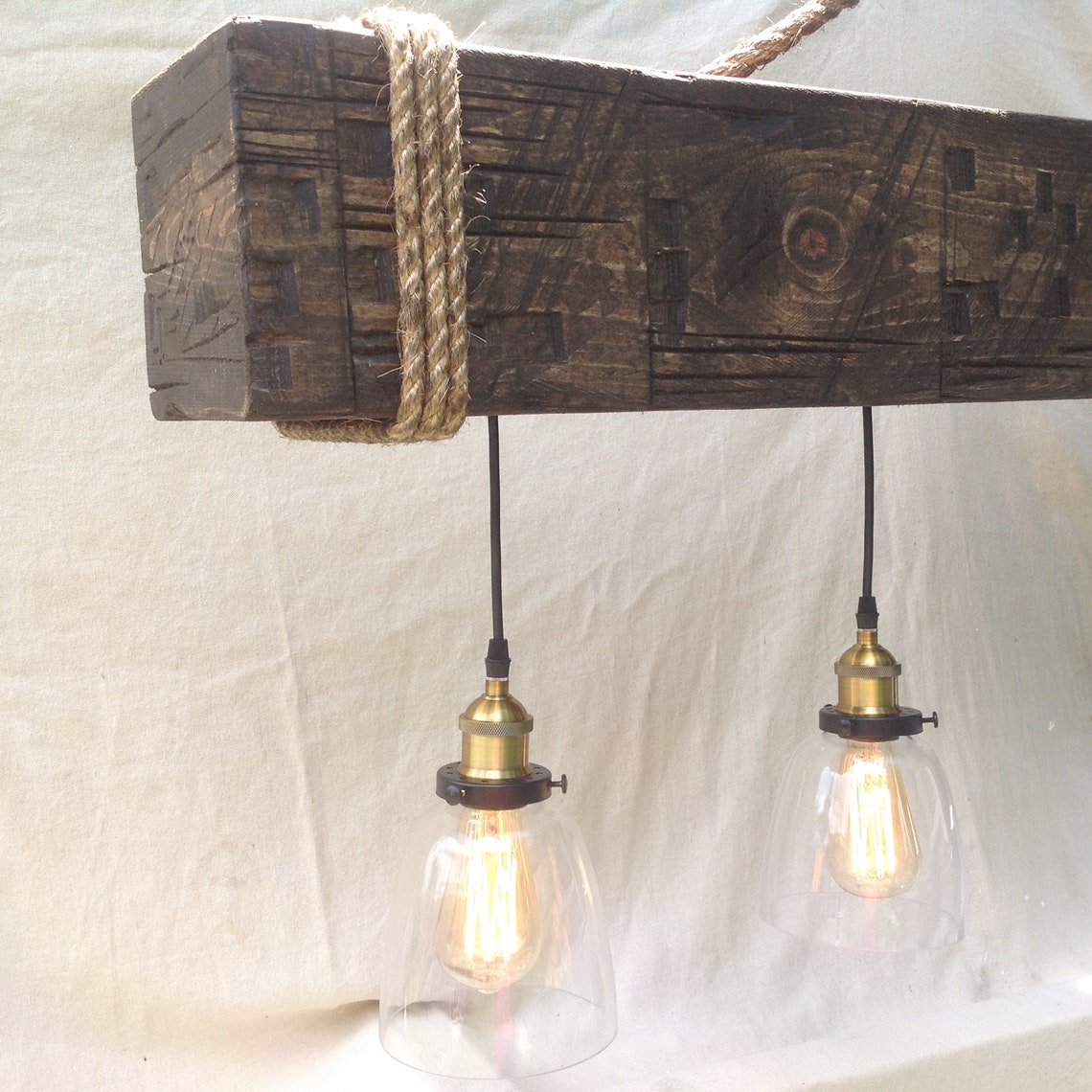 Rustic Barn Beam With Glass Lamp Shades. | Etsy